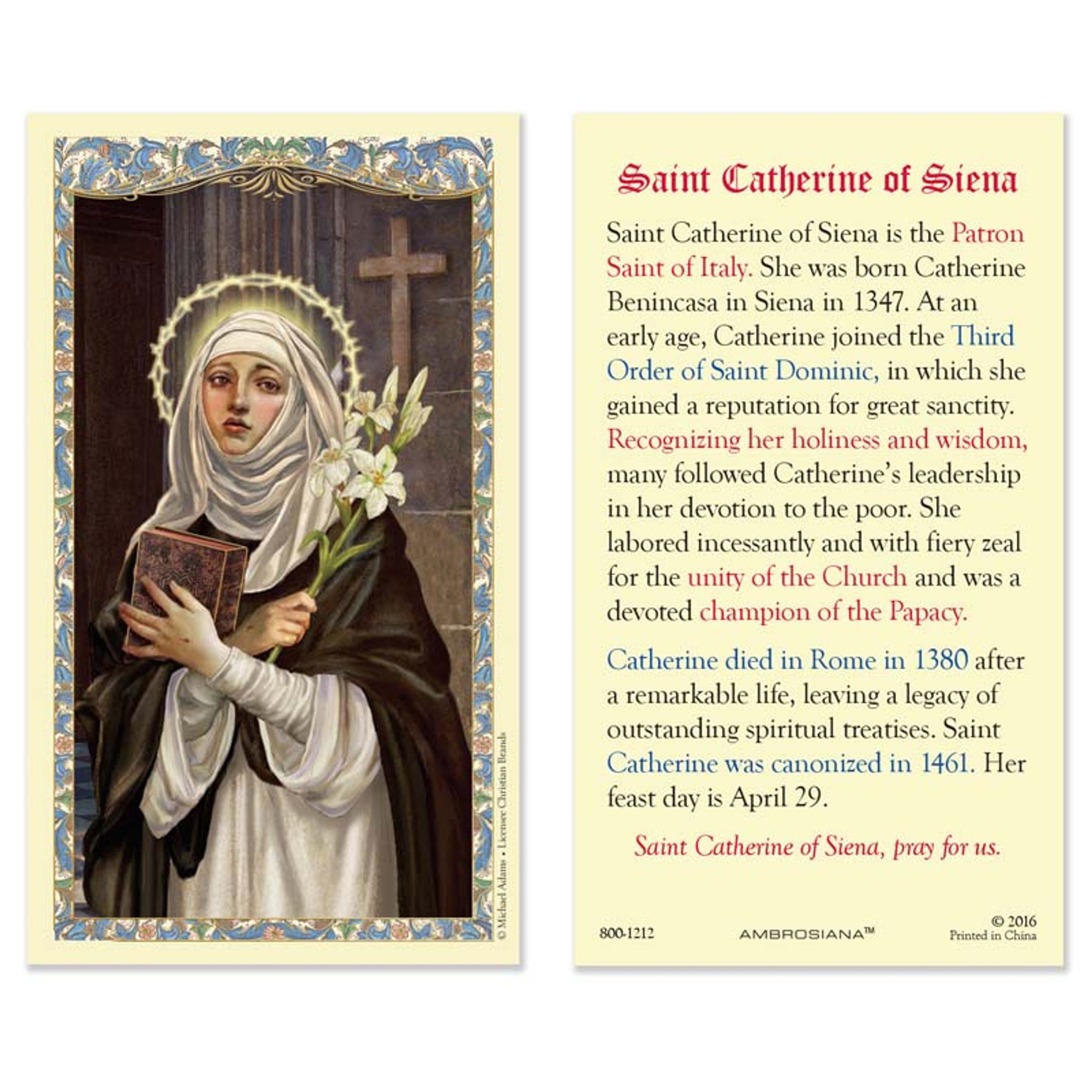 Saint Catherine of Siena Laminated Holy Card - 25/PK – Catholic Source