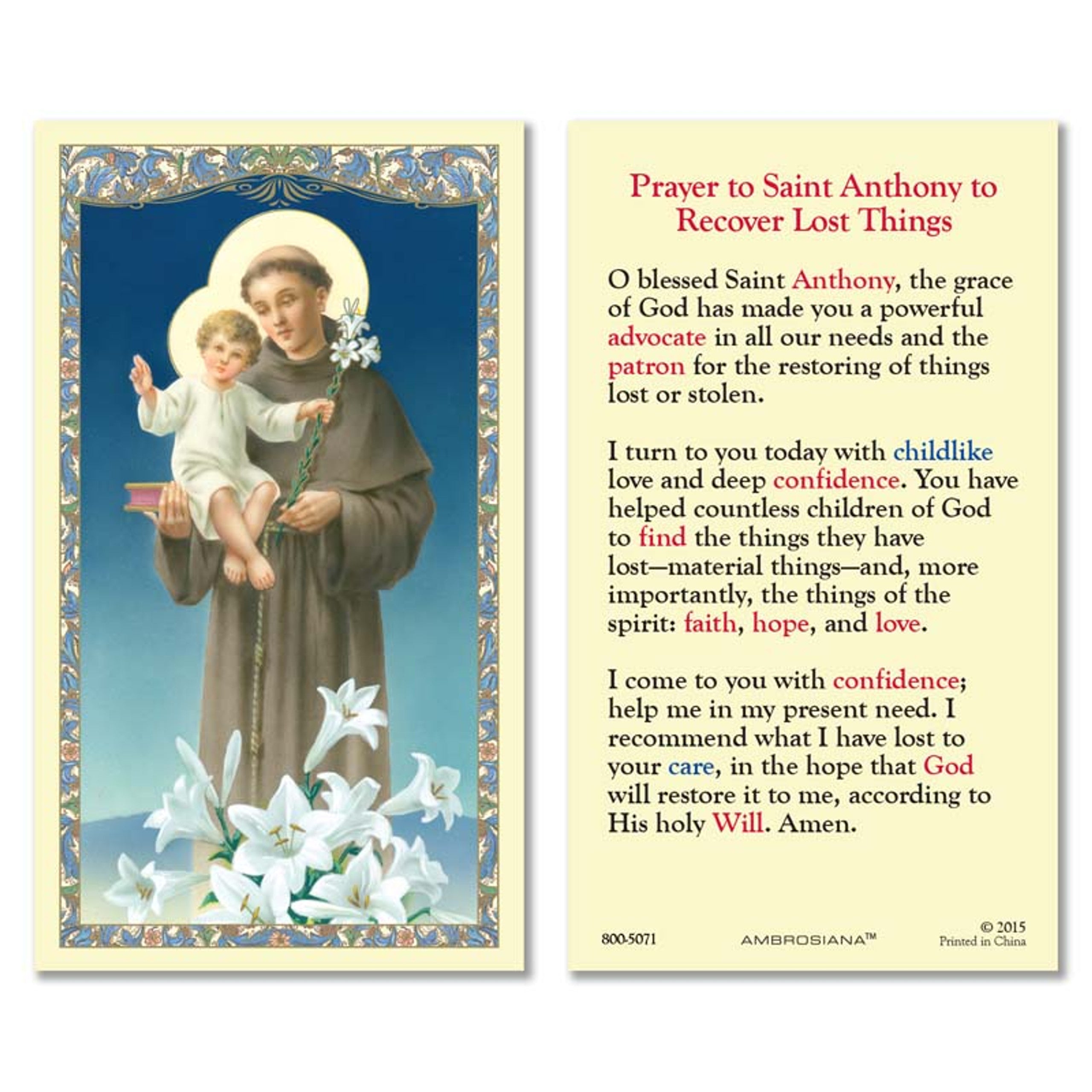Saint Anthony Laminated Holy Card - 25/PK – Catholic Source